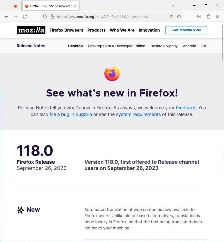 「Firefox 118」を試す - ローカルでの翻訳が可能に - ライブドアニュース