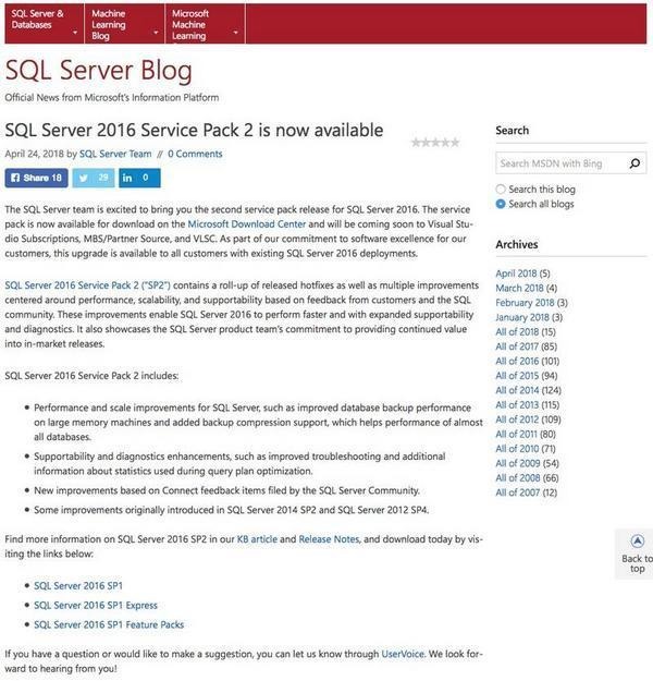 SQL Server 2016 Service Pack 2公開 - ライブドアニュース