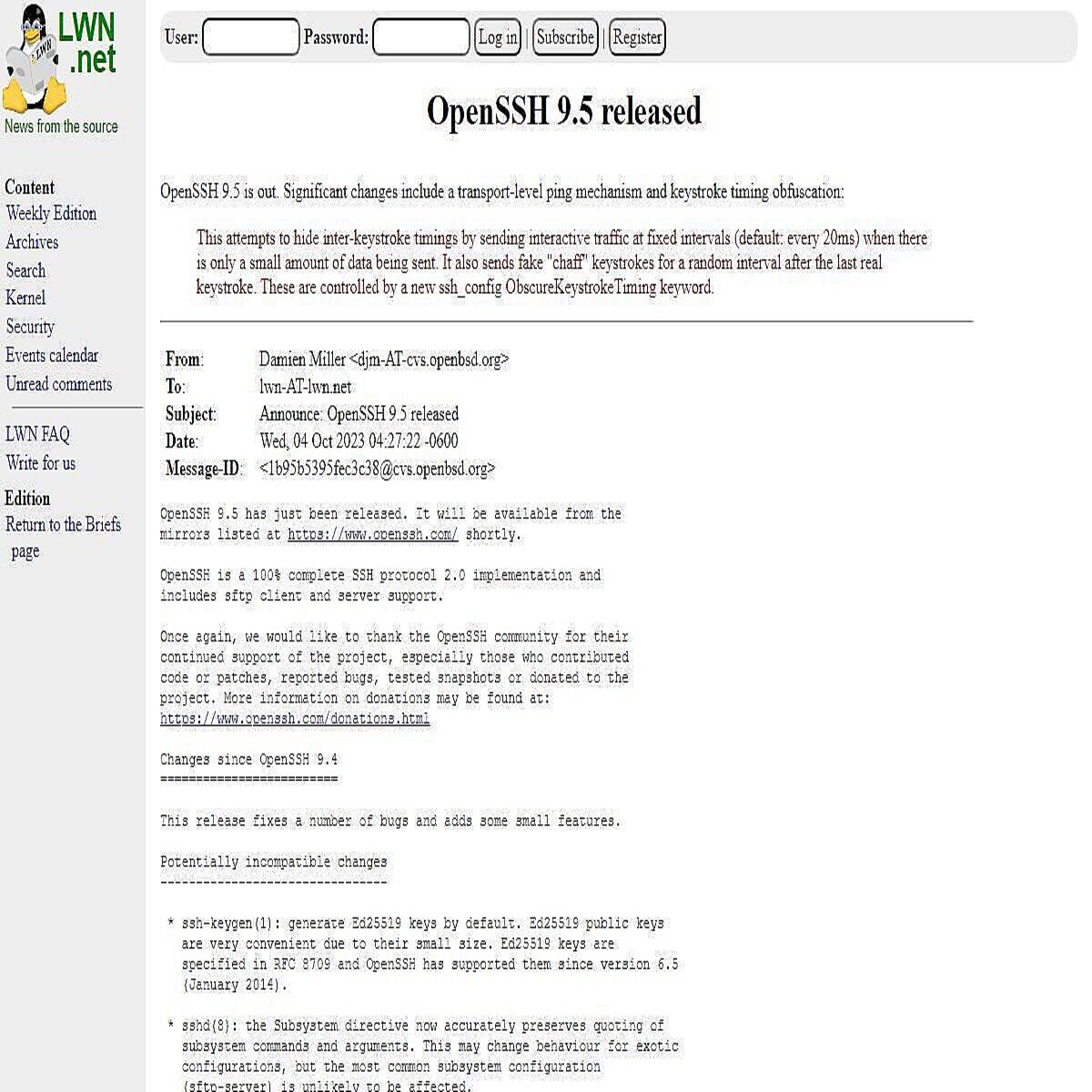 OpenSSH 9.5リリース、新機能を追加 (2023年10月6日掲載) - ライブドアニュース