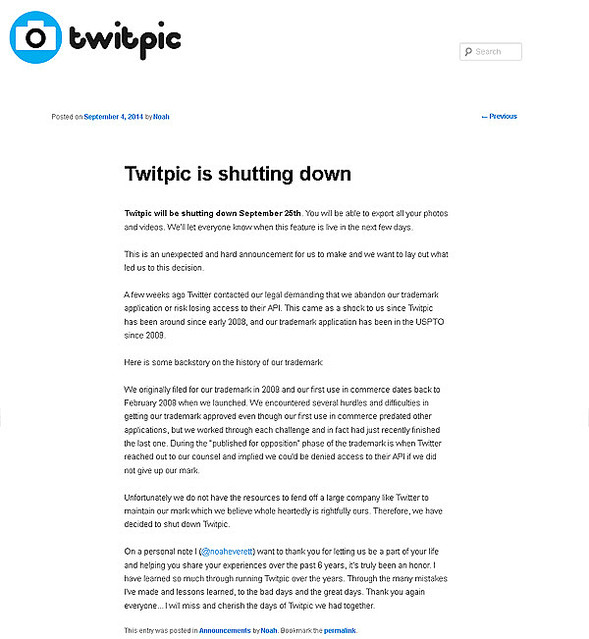 『Twitpic』9月25日でサービス終了―エクスポート機能近日リリース - ライブドアニュース
