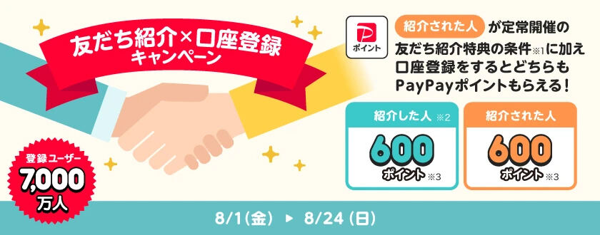 【PayPay】「友だち紹介×口座登録キャンペーン」開催 - 紹介した人もされた人もそれぞれ最大600ポイントもらえる - ライブドアニュース