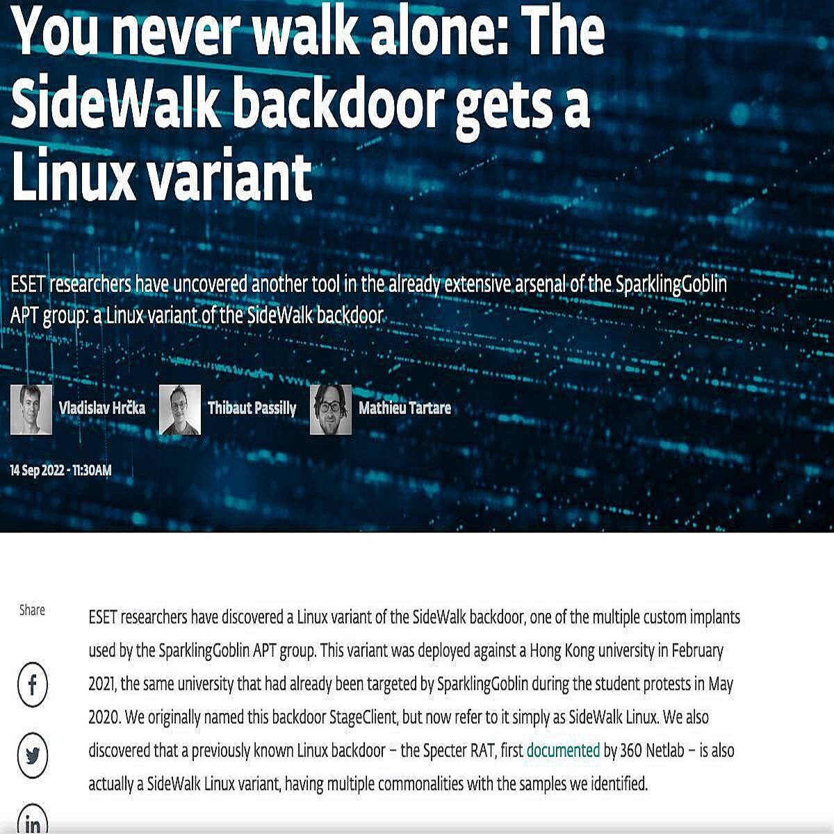 Linuxを標的にするバックドア型マルウェア「SideWalk」の亜種発見 (2022年9月16日掲載) - ライブドアニュース