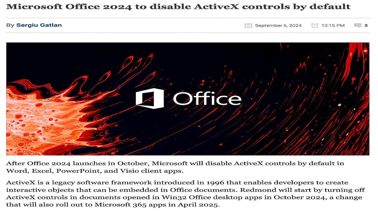 Office 2024ではActiveXコントロールをデフォルトで無効化へ、Microsoft (2024年9月10日掲載) - ライブドアニュース