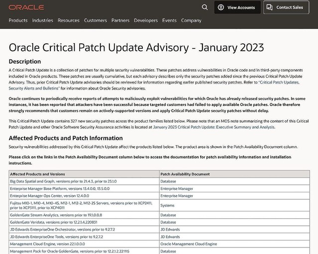 Oracleが2023年1月のクリティカルパッチアップデート公開 - 327件の脆弱性修正 - ライブドアニュース