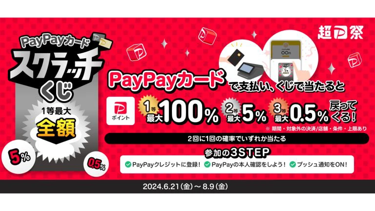 「PayPayカードスクラッチくじ」、「超PayPay祭」で初開催へ (2024年6月12日掲載) - ライブドアニュース