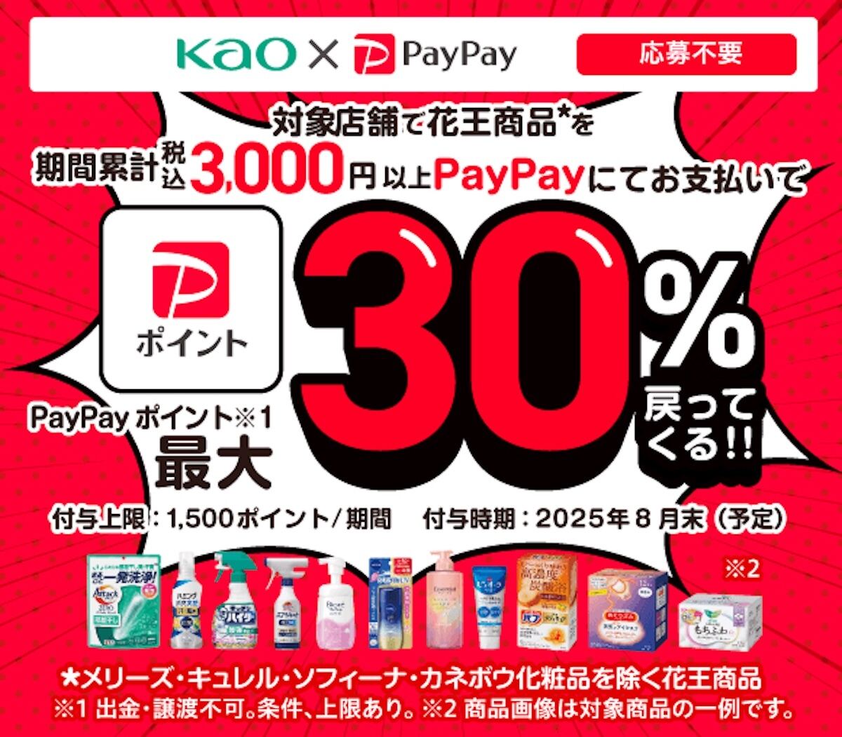 【PayPay×花王キャンペーン】 累計購入金額の最大30%を「PayPayポイント」で付与! (2025年5月17日掲載) - ライブドアニュース