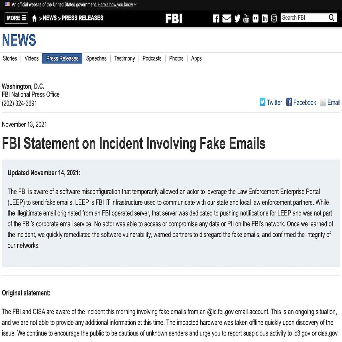 FBIのサーバが侵害されて不正な電子メールが大量に送られる事件が発生 (2021年11月17日掲載) - ライブドアニュース