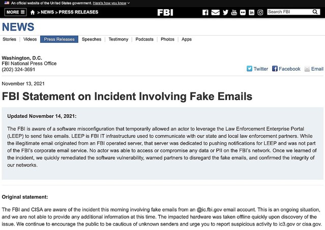 FBIのサーバが侵害されて不正な電子メールが大量に送られる事件が発生 - ライブドアニュース