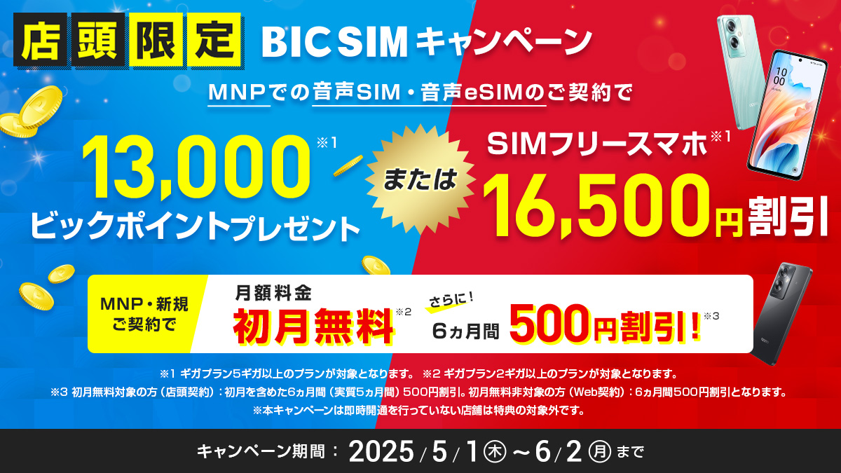 BIC SIMの店頭申込で最大1万6500円分の特典、iPhoneも対象 (2025年5月1日掲載) - ライブドアニュース