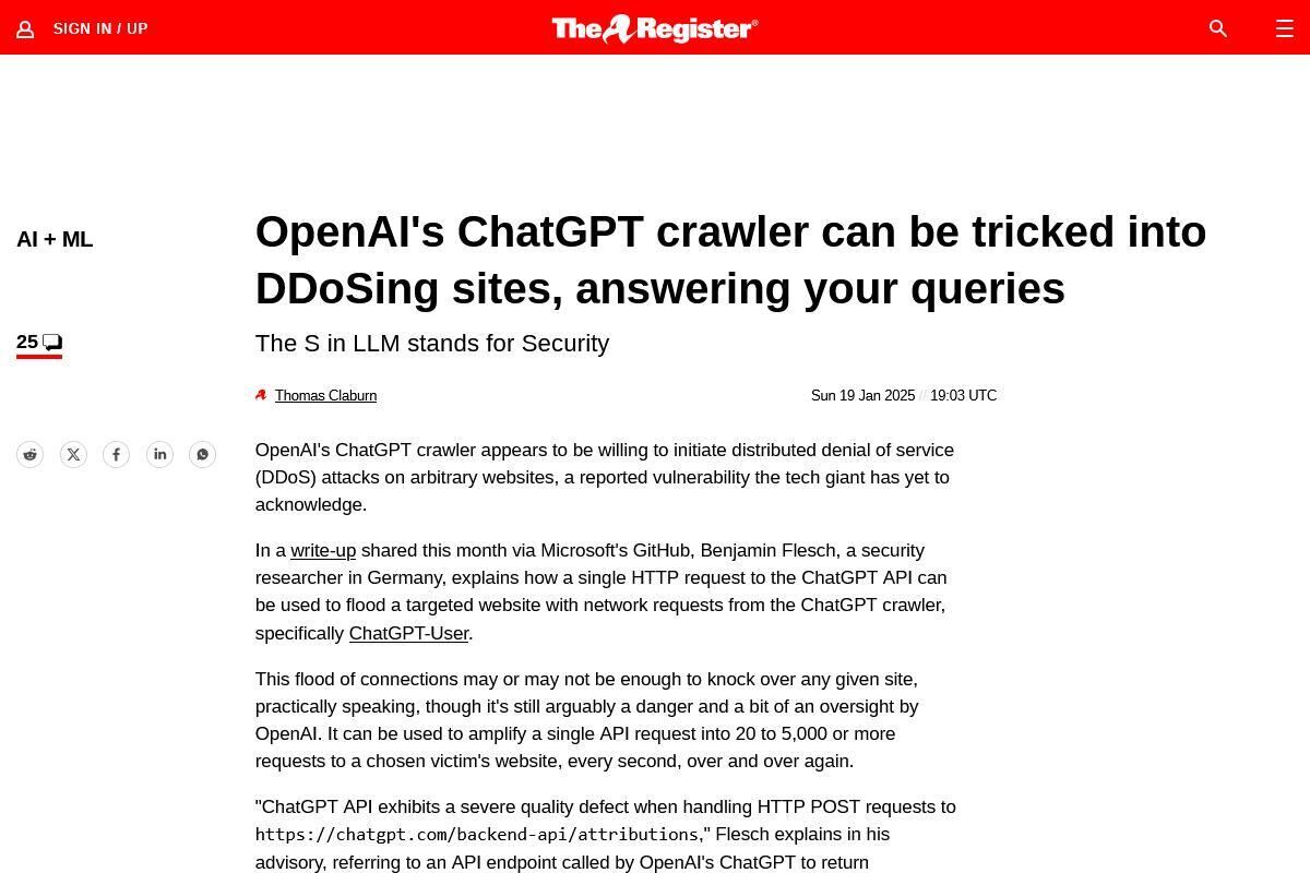 ChatGPTにDDoS攻撃に悪用可能な脆弱性、研究者指摘 - OpenAIは認めず - ライブドアニュース