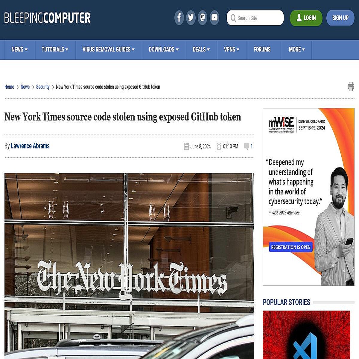 ニューヨーク・タイムズ紙の内部ソースコードなど約270GBが流出 (2024年6月10日掲載) - ライブドアニュース