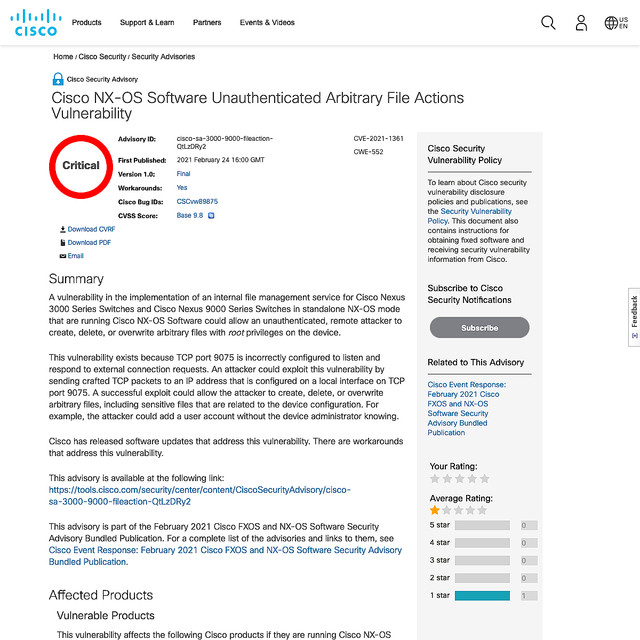 シスコ製品に緊急の脆弱性が複数見つかる システム制御権奪われる危険性も - ライブドアニュース